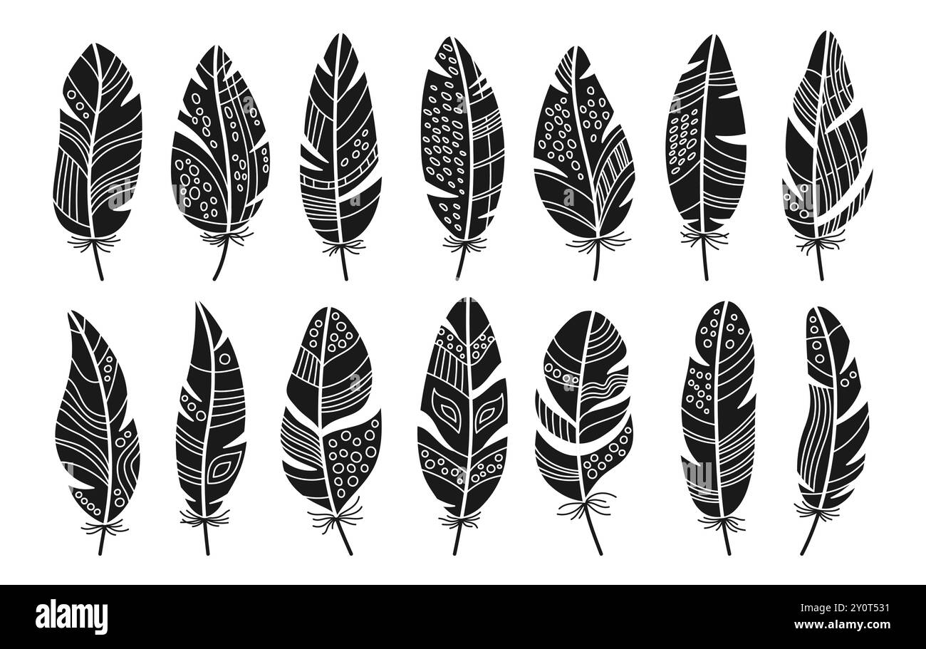 Feather monochrome stamp set. Doodle stylized bird feathers with ethnic ...