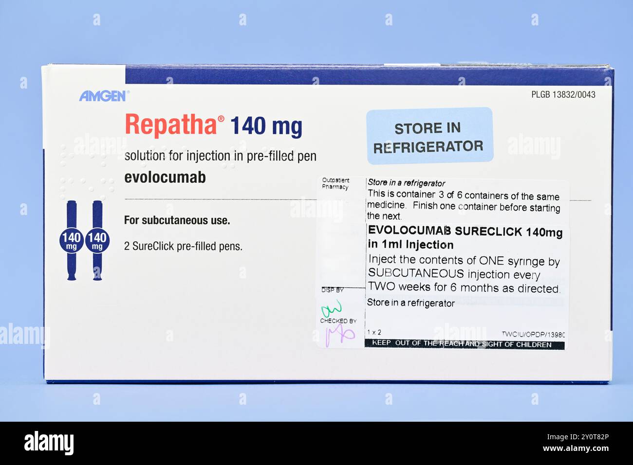 Evolocumab drug packaging. Evolocumab drug, sold under the brand name ...