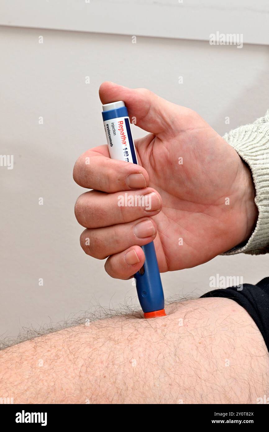 Patient self-administering evolocumab injection drug. Evolocumab sold ...