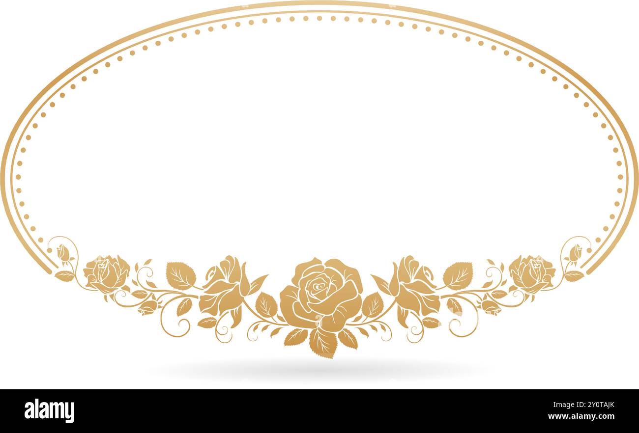 golden floral ellipse frame with roses flower on a white backgrounds ...