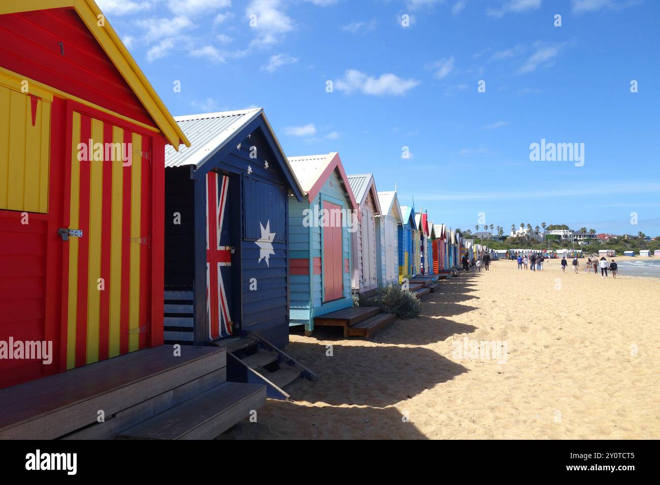 Front view of Colorful Bathing Houses at Brighton Beach, Melbourne ...