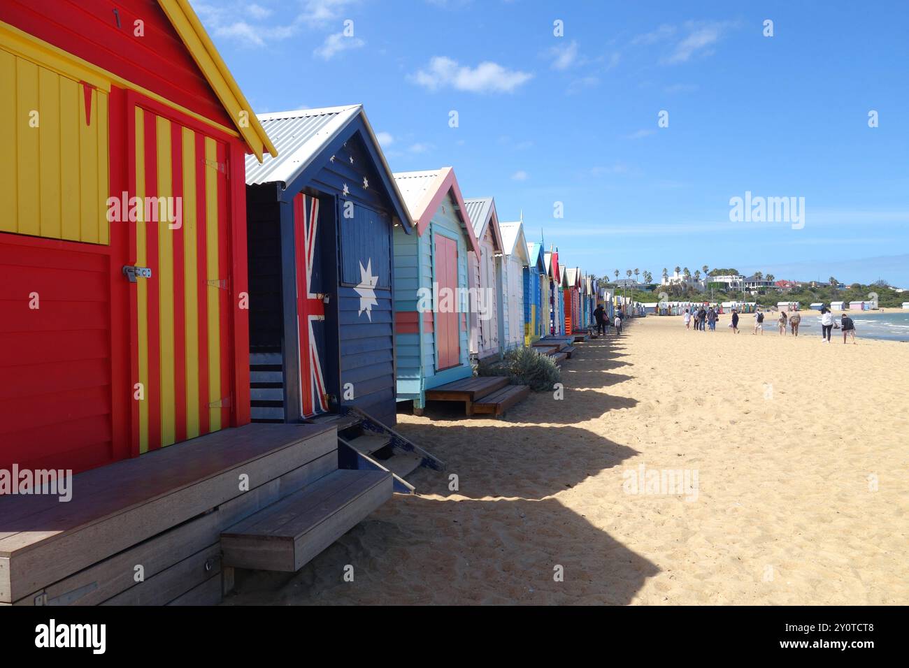 Front view of Colorful Bathing Houses at Brighton Beach, Melbourne ...