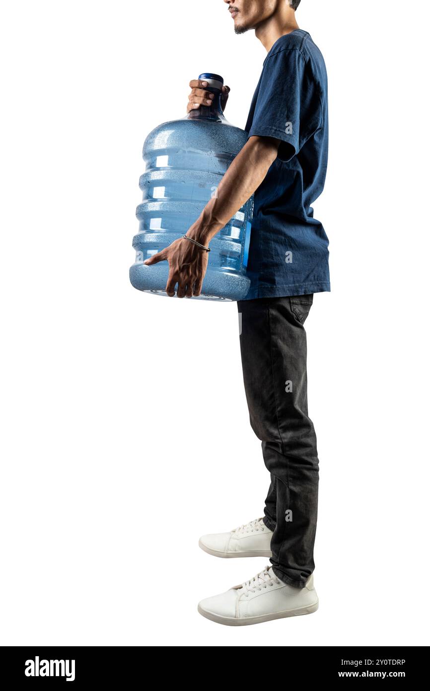 A man is holding a water gallon in his hands isolated on a white ...