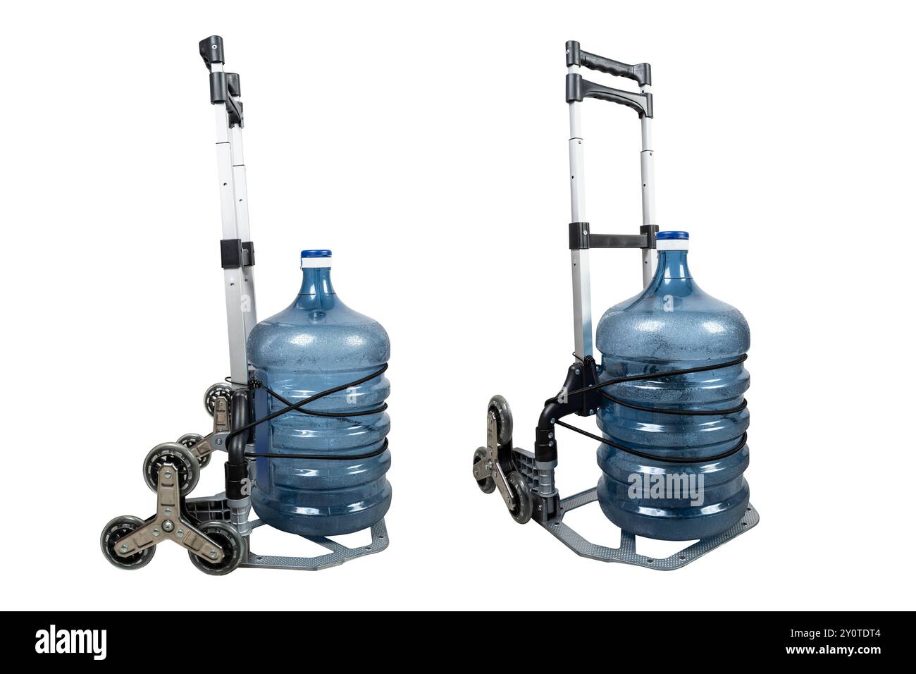 Two water gallon are being pulled by a cart. The cart has wheels and a ...