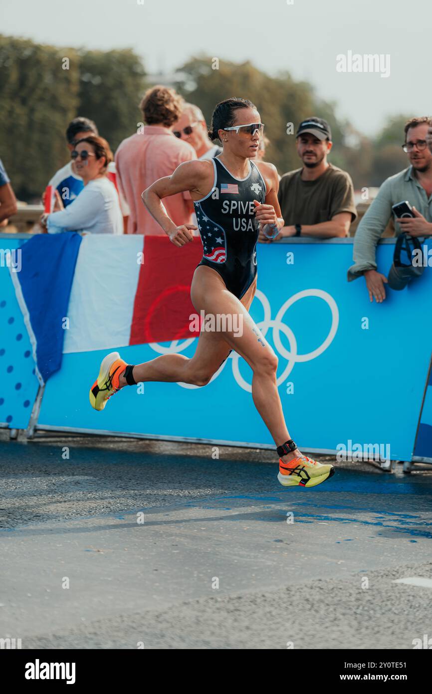 Taylor Spivey participating in the triathlon at the Paris 2024 Olympic ...