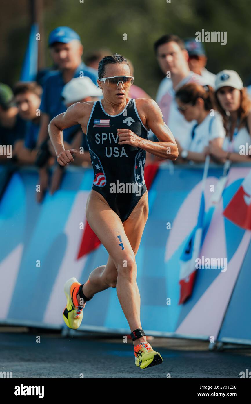 Taylor Spivey participating in the triathlon at the Paris 2024 Olympic ...