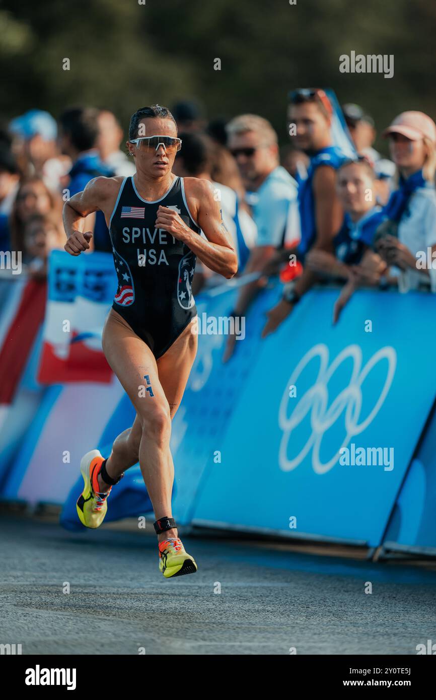 Taylor Spivey participating in the triathlon at the Paris 2024 Olympic ...