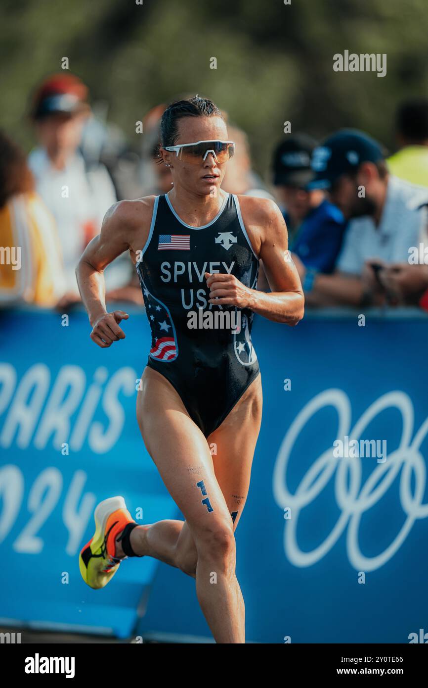 Taylor Spivey participating in the triathlon at the Paris 2024 Olympic ...
