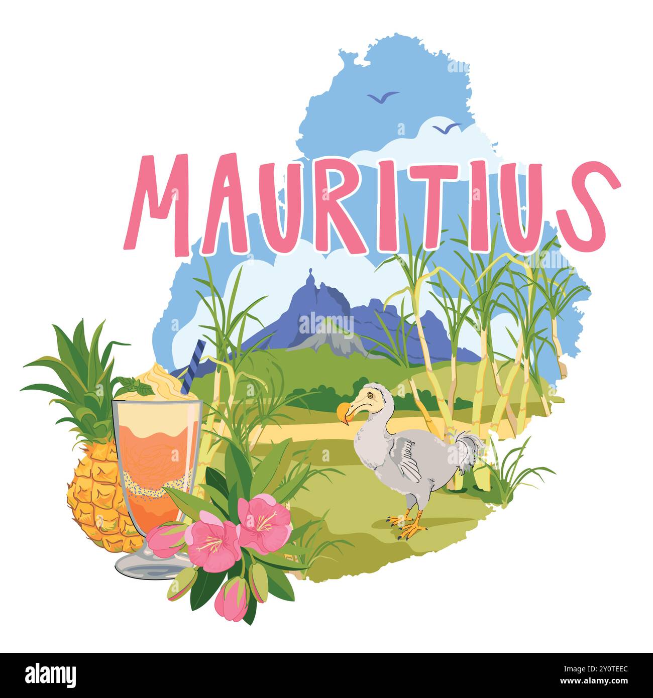 Mauritius map and famous landmarks of the island in flat style. Vector ...