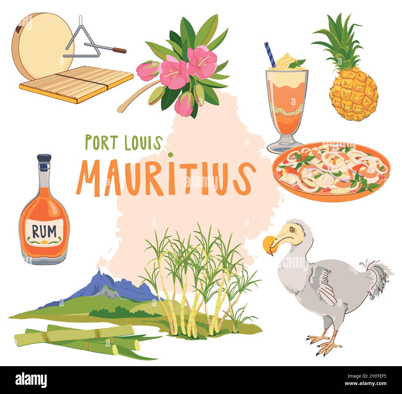 Mauritius map, landmarks of the island in flat style. Vector sugar cane ...