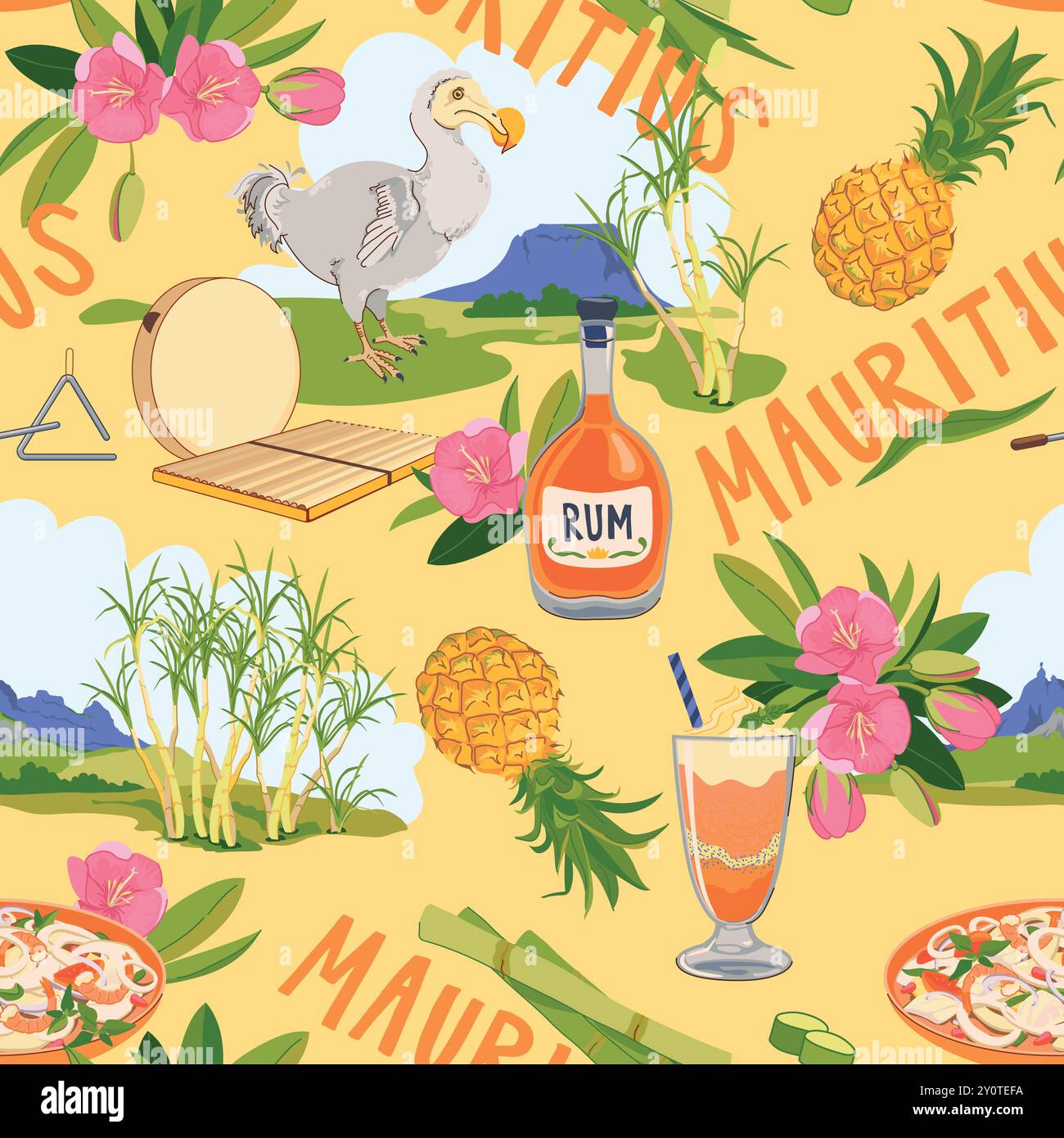 Seamless pattern with Mauritius landmarks in flat style. Vector sugar ...
