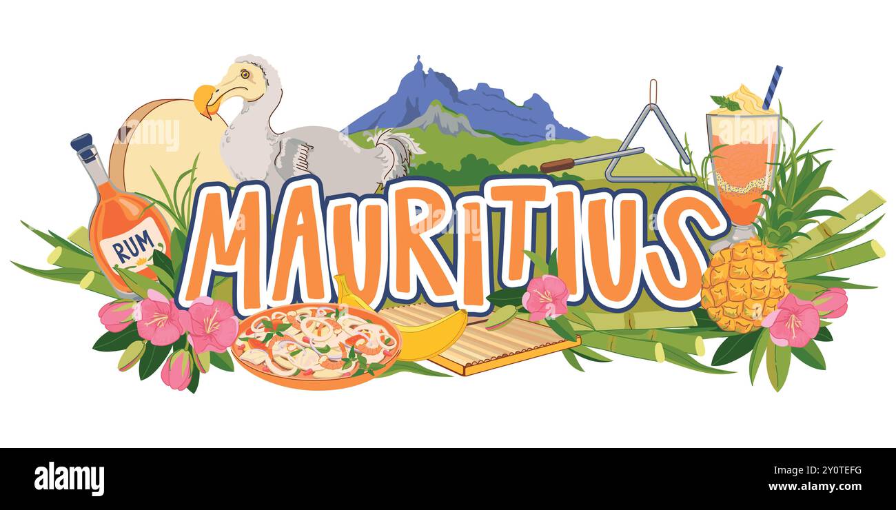 Mauritius emblem, island landmarks in flat style. Vector sugar cane ...