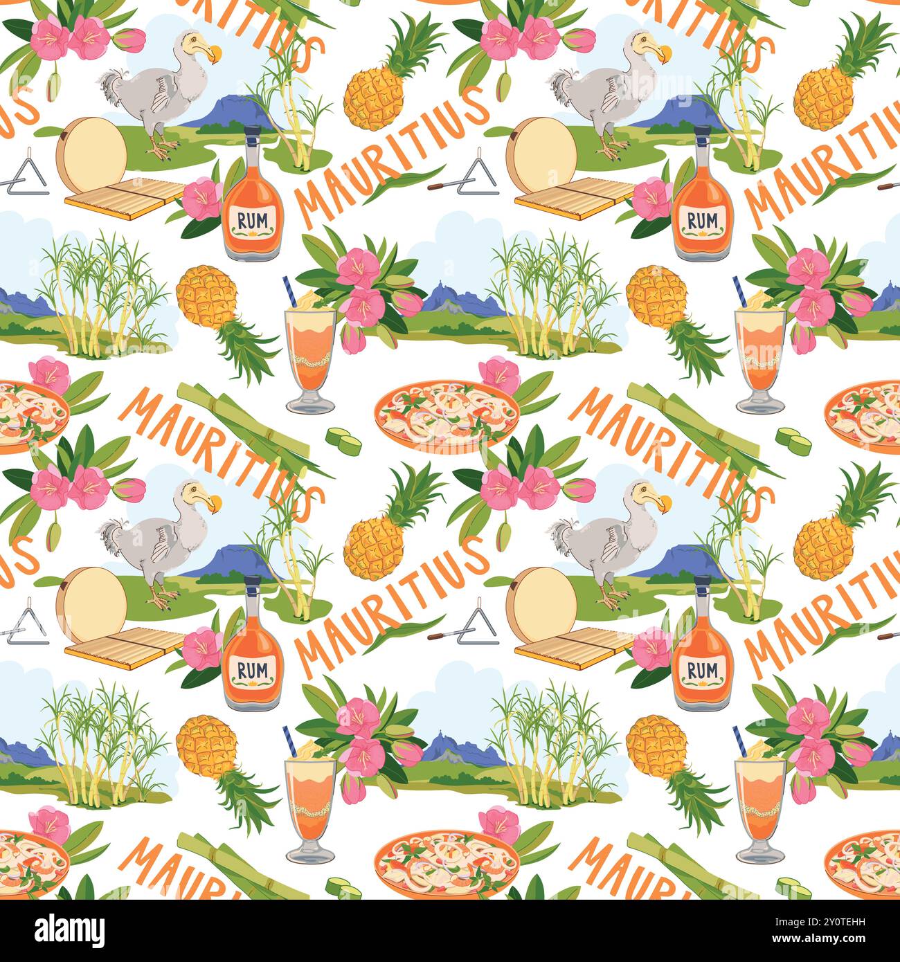 Seamless pattern with Mauritius landmarks in flat style. Vector sugar ...