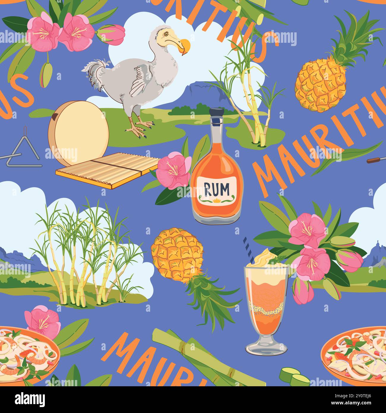 Seamless pattern with Mauritius landmarks in flat style. Vector sugar ...