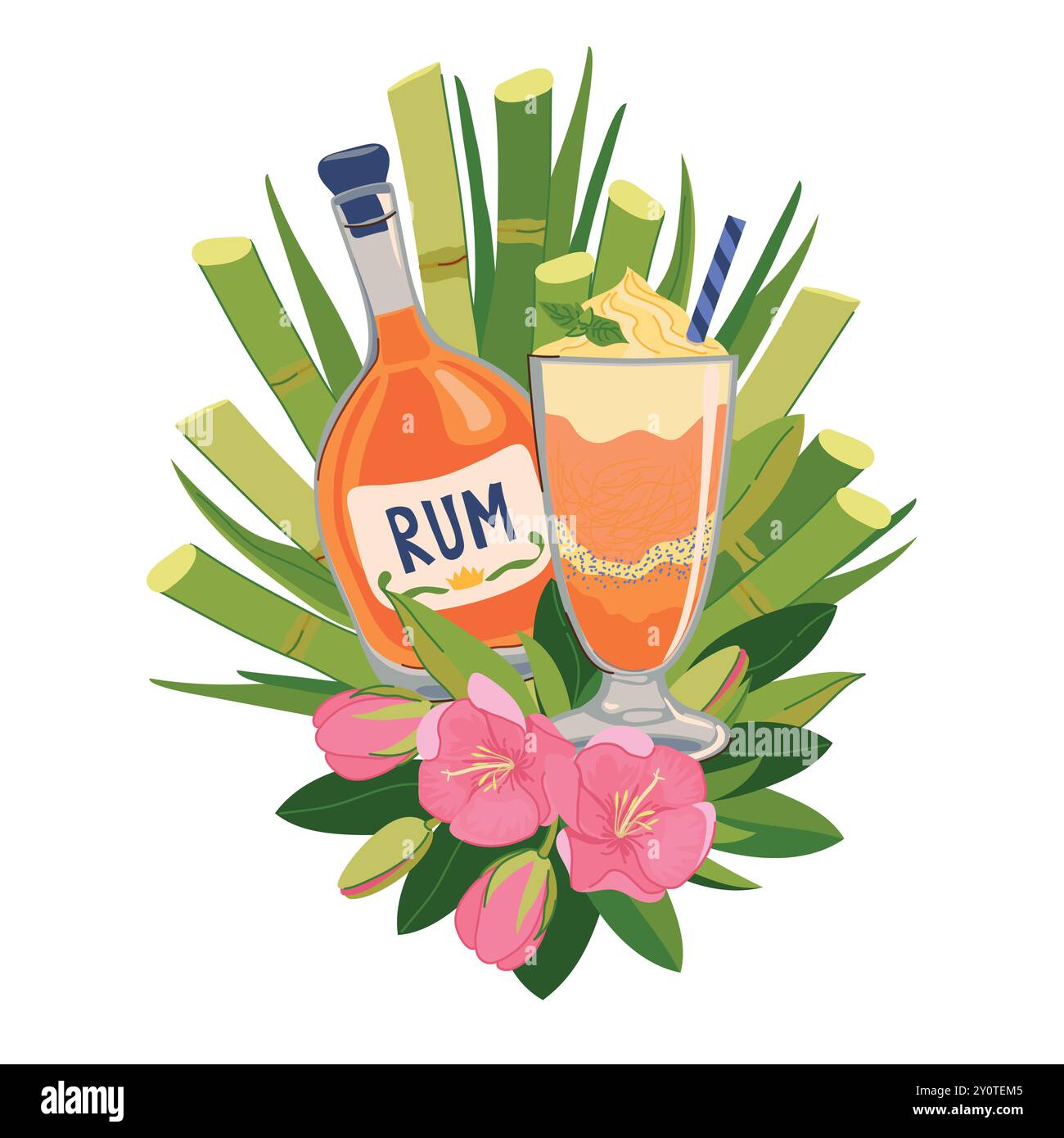 Vector composition with bottle of rum, refreshing cocktail and tropical ...