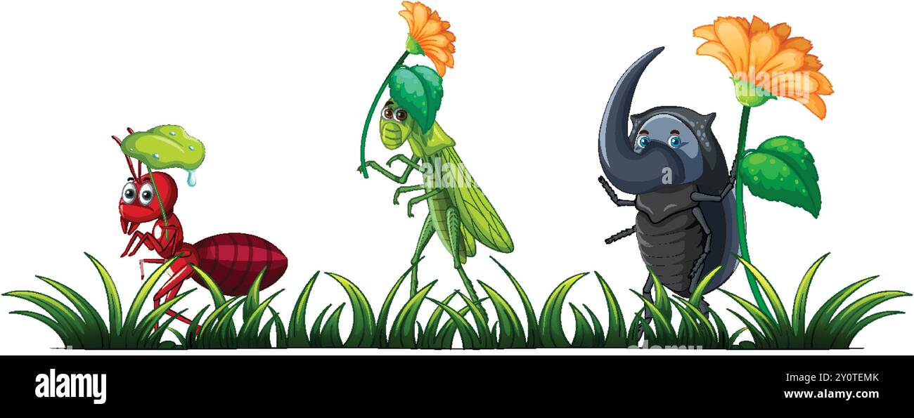Three insects holding flowers in grassy field Stock Vector Image & Art ...