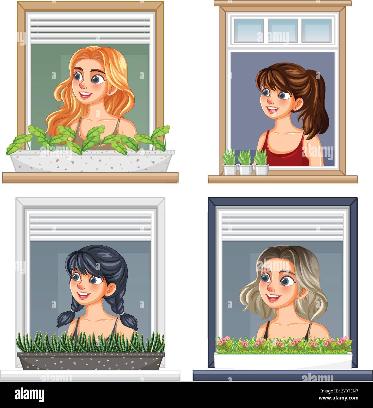 Four women looking out from windows with plants Stock Vector Image ...