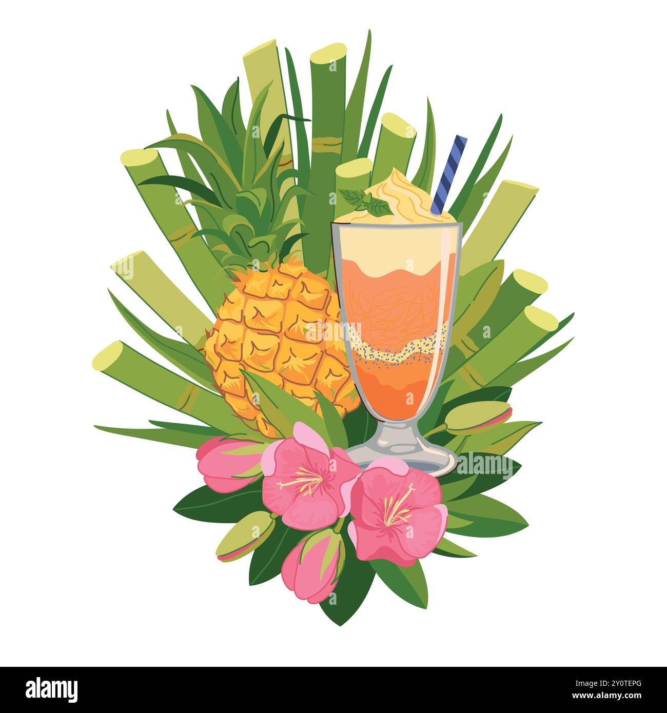 Vector composition with refreshing cocktail, pineapple and tropical ...
