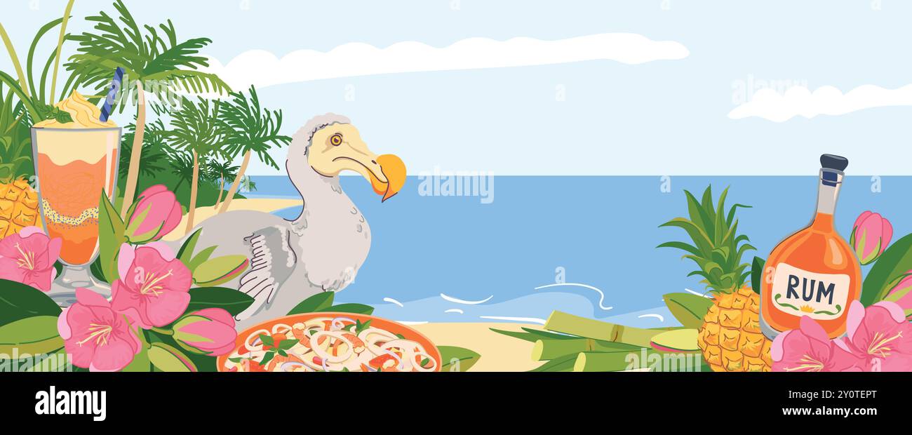 Panoramic horizontal view from the beach of Mauritius island. Dodo bird ...