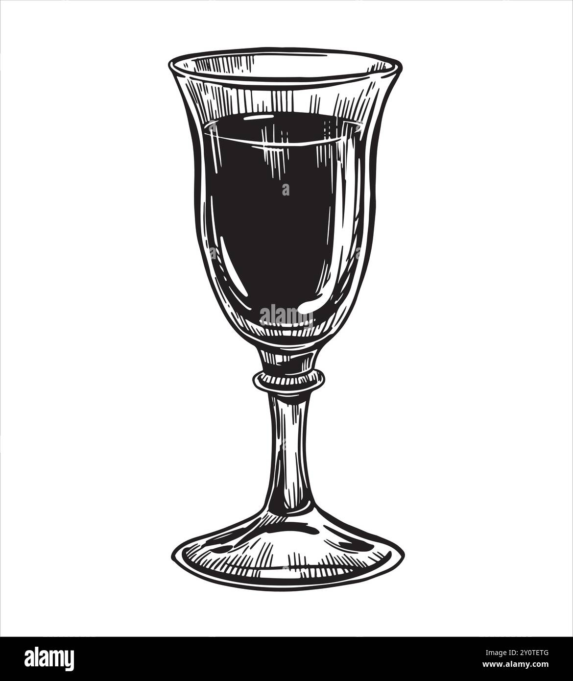 Glass of liquor black and white linear sketch. Vector ink drawing of a ...