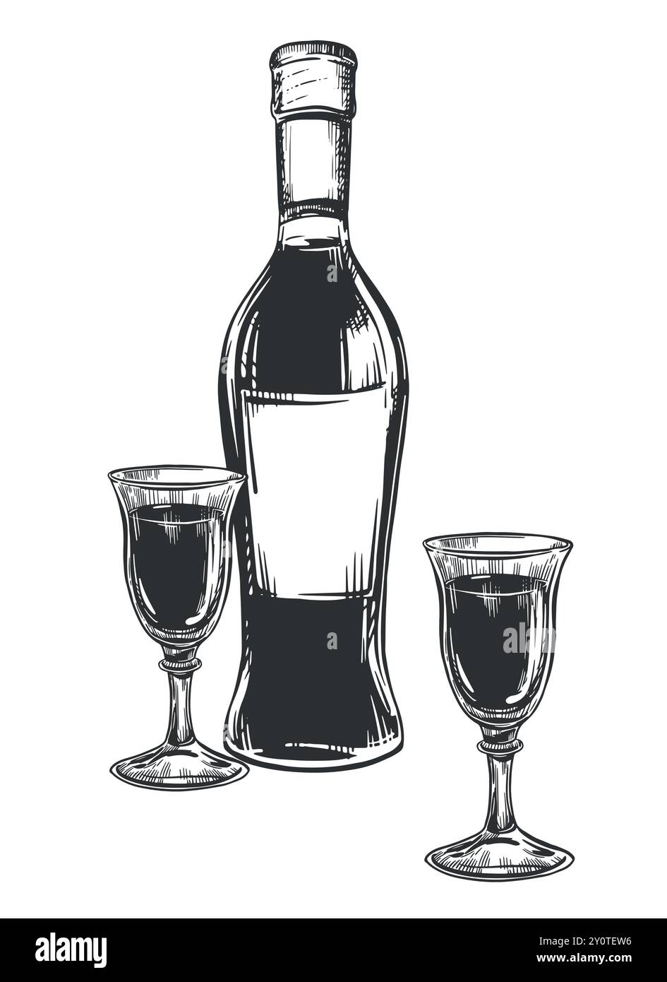 Nocino liqueur black and white linear sketch. Bottle and glasses on a ...