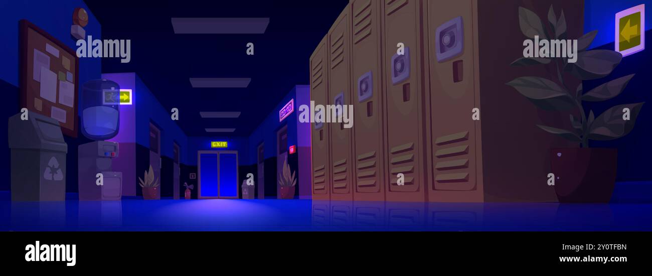 School hallway interior at night. Vector cartoon illustration of empty ...