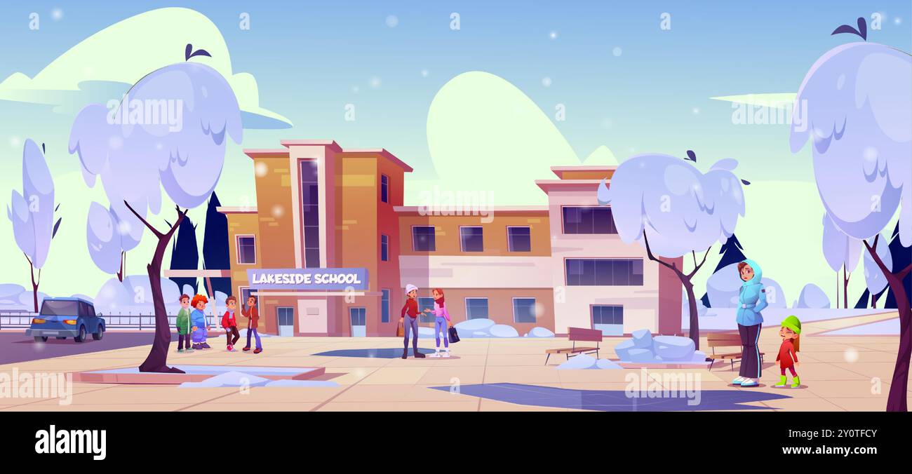 School building with yard and fence on winter landscape. Street road ...