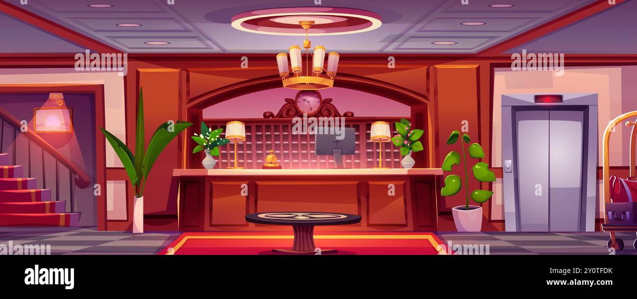 Hotel lobby interior with lift. Office reception near elevator cartoon ...