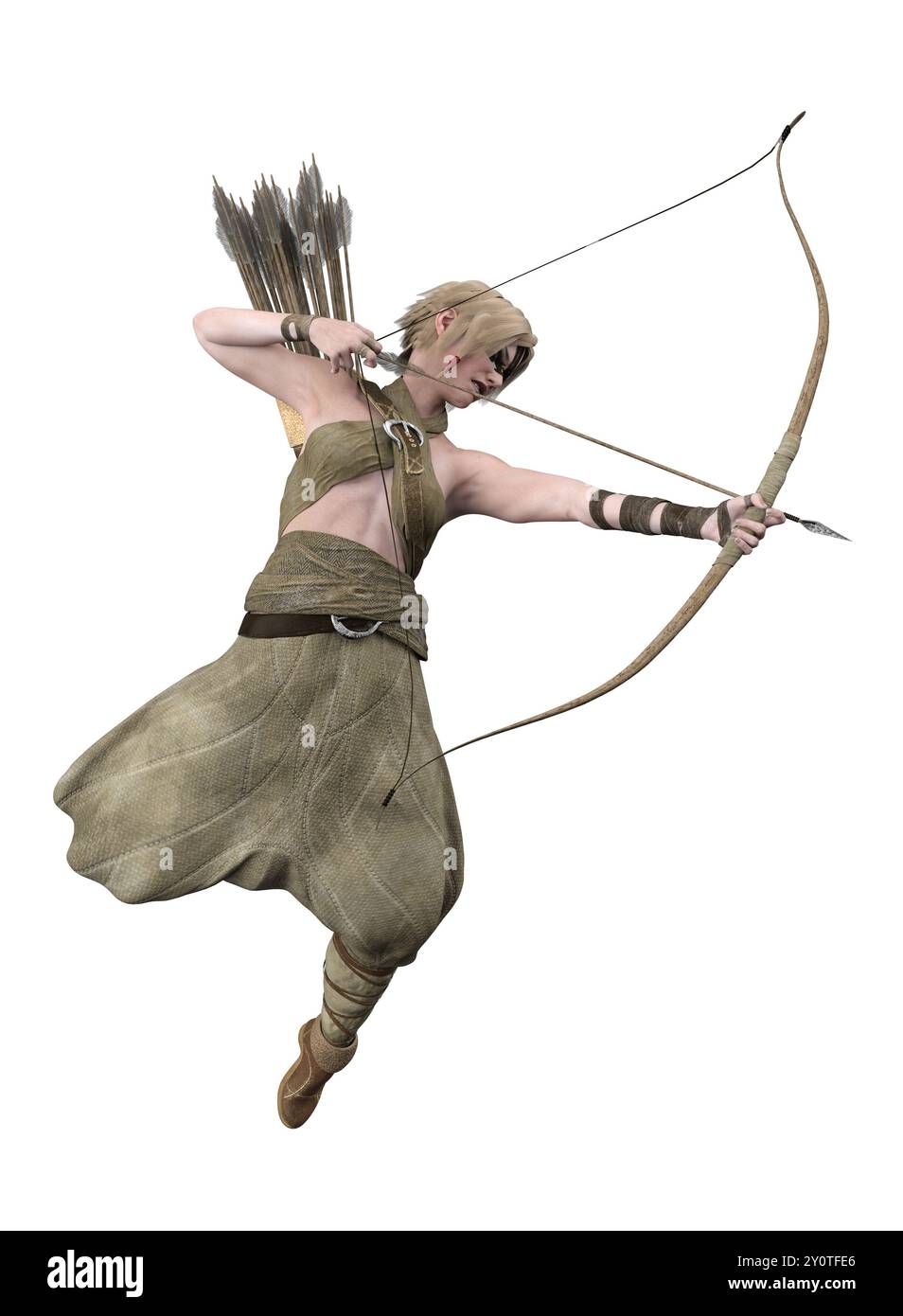 Full body render of a fantasy female huntress. Ranger archer holding bow and arrow. Blond woman ...
