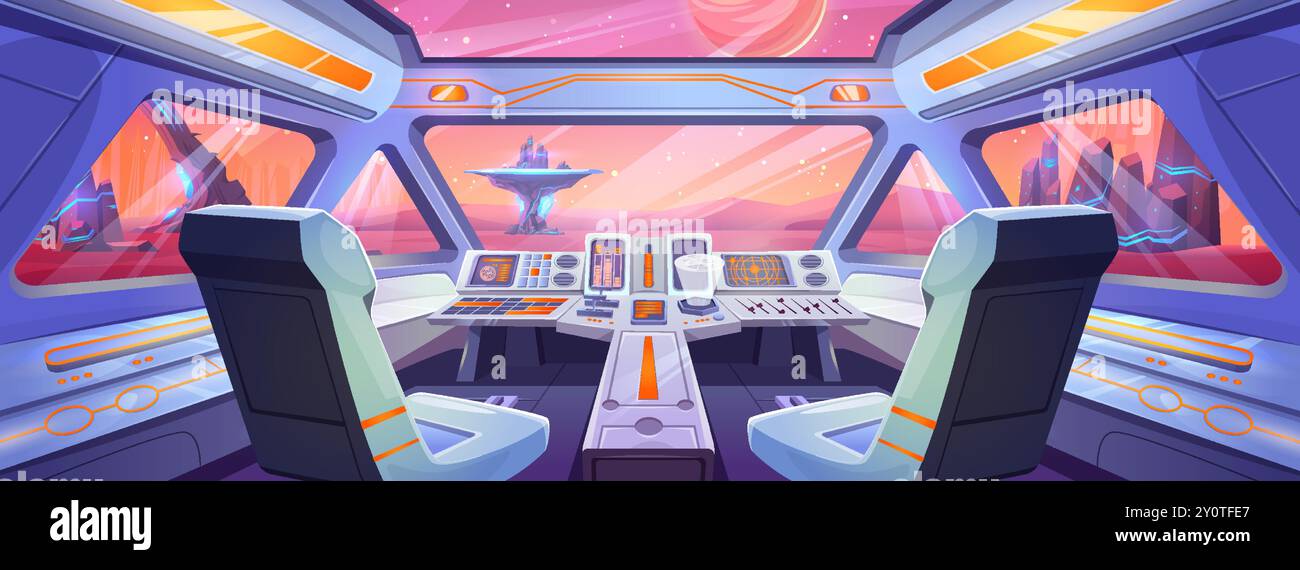 View on alien red planet surface with rock mountains from spaceship cockpit interior with pilot ...