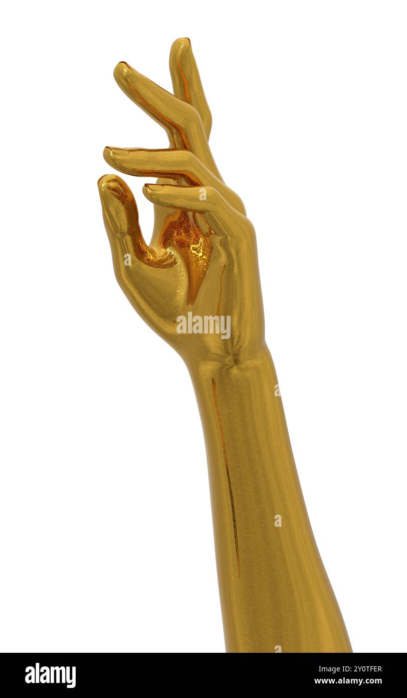 3D rendering of golden metal female hands sculpture. Shiny metallic ...