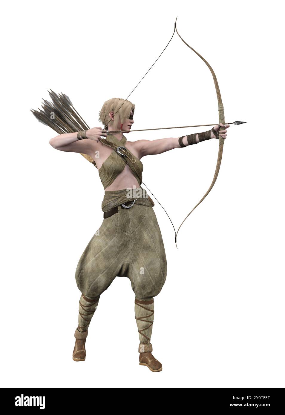 Full body render of a fantasy female huntress. Ranger archer holding bow and arrow. Blond woman ...