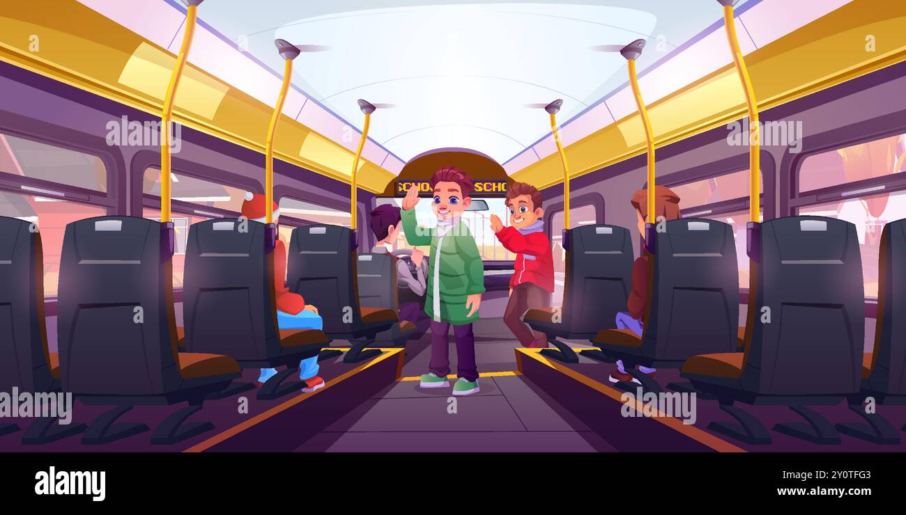 Boy waving inside bus. School transport chair back aisle interior ...