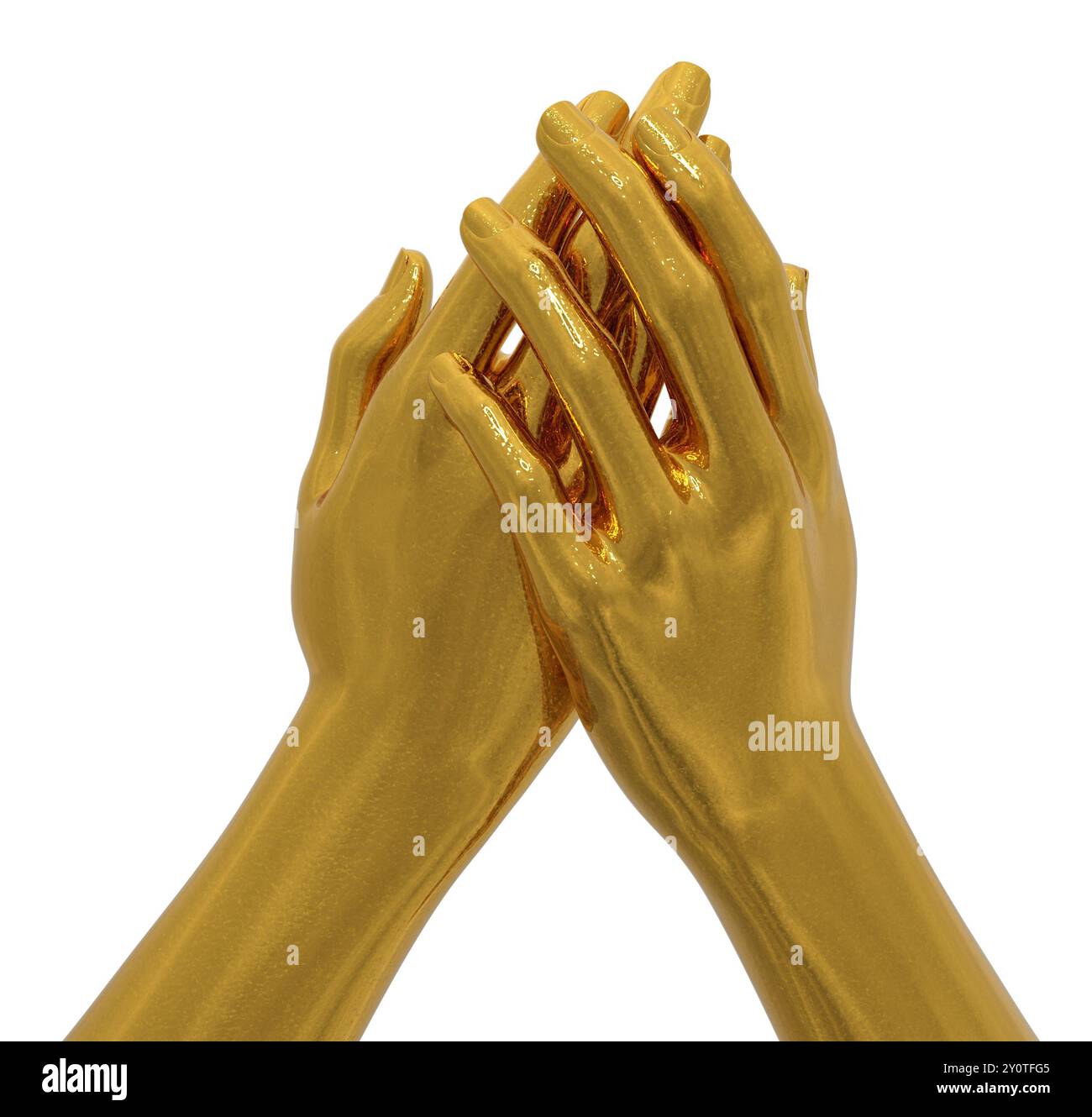 3D rendering of golden metal female hands sculpture. Shiny metallic ...