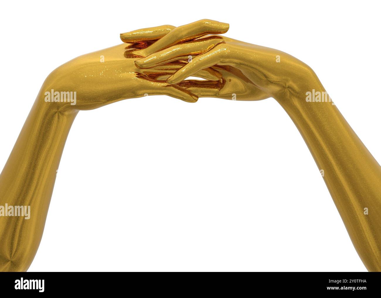 3D rendering of golden metal female hands sculpture. Shiny metallic ...