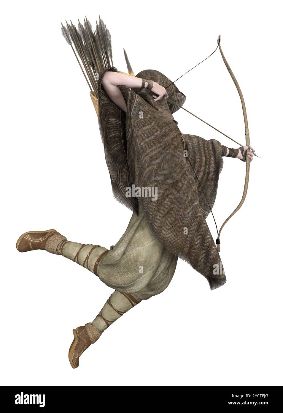 Full body render of a fantasy female huntress. Ranger archer aiming at ...