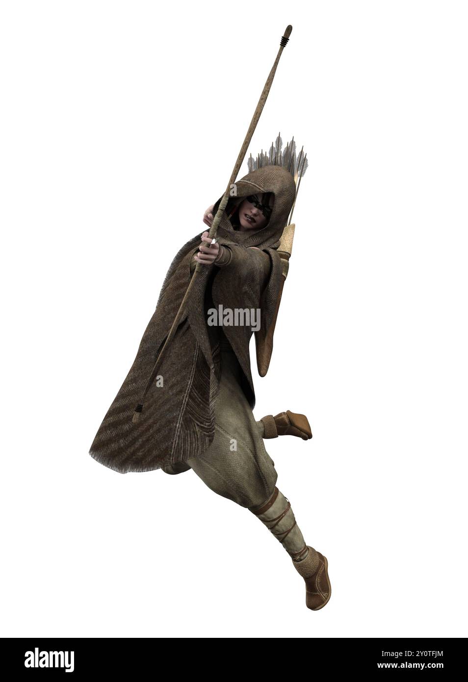 Full body render of a fantasy female huntress. Ranger archer aiming at ...