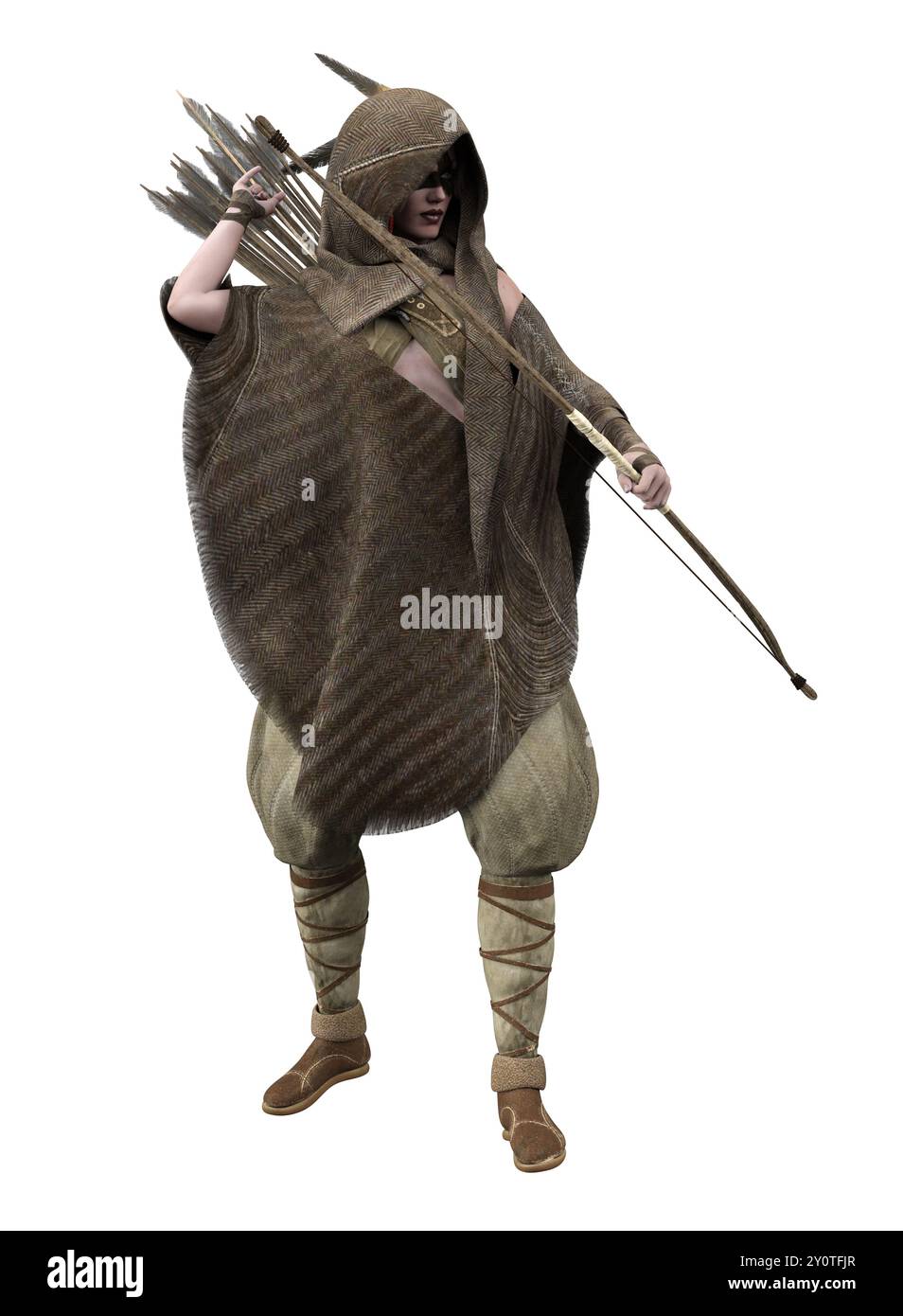 Full body render of a fantasy female huntress. Ranger archer aiming at ...