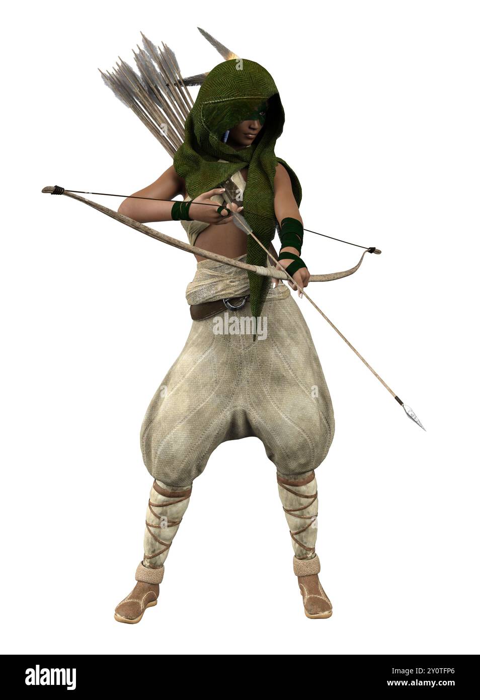 Full body render of a fantasy female huntress. Ranger archer holding bow and arrow. Dark skinned ...