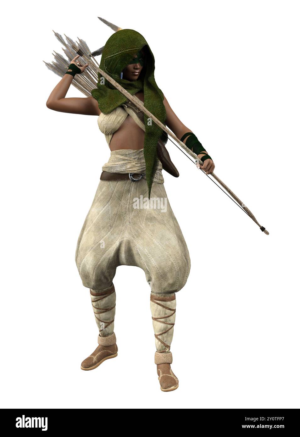 Full body render of a fantasy female huntress. Ranger archer holding bow and arrow. Dark skinned ...