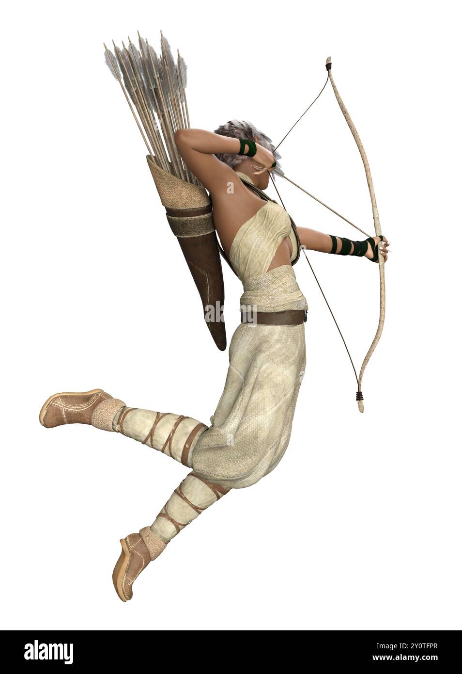 Full body render of a fantasy female huntress. Ranger archer holding bow and arrow. Dark skinned ...