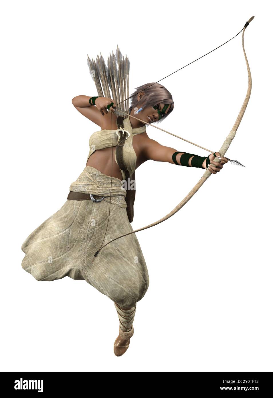 Full body render of a fantasy female huntress. Ranger archer holding bow and arrow. Dark skinned ...