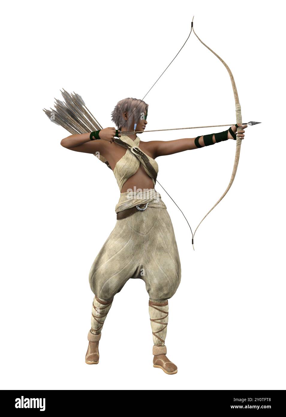 Full body render of a fantasy female huntress. Ranger archer holding bow and arrow. Dark skinned ...