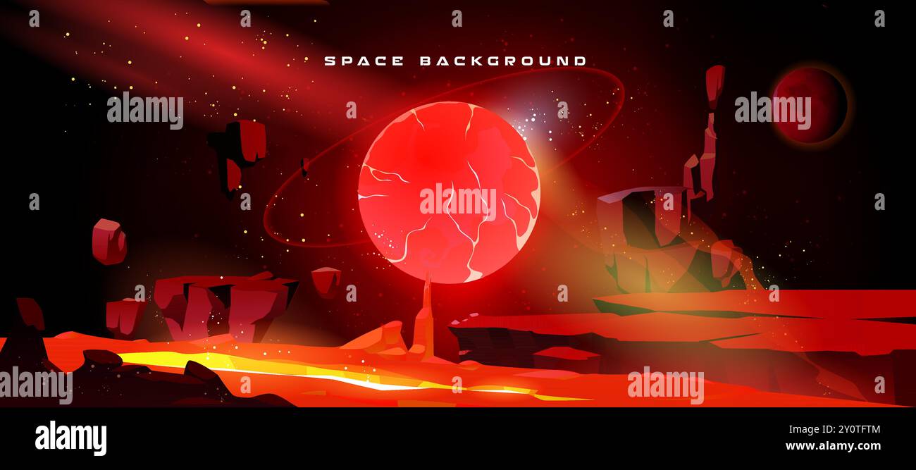 Space adventure game background with red alien planet. Vector cartoon ...