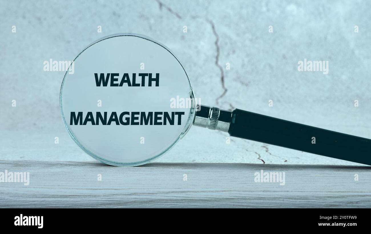 WEALTH MANAGEMENT words written through a magnifying glass on a gray ...