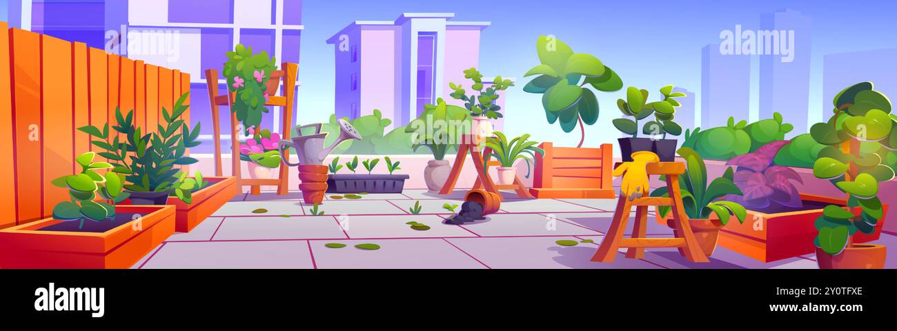 House terrace on rooftop with garden. Cartoon vector of balcony on city ...