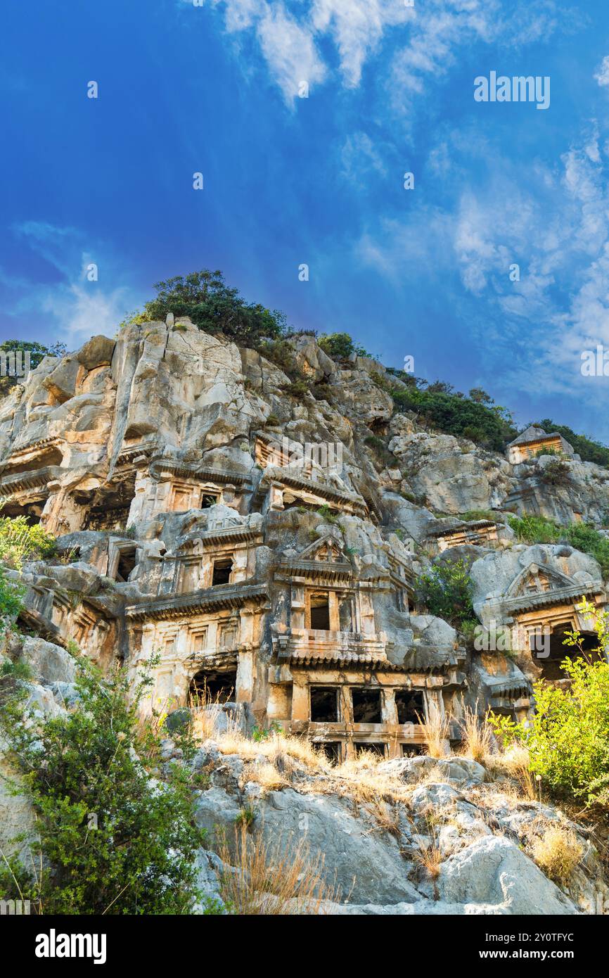 Myra archaeological site with rock tombs in Demre, Turkey. The Ancient ...