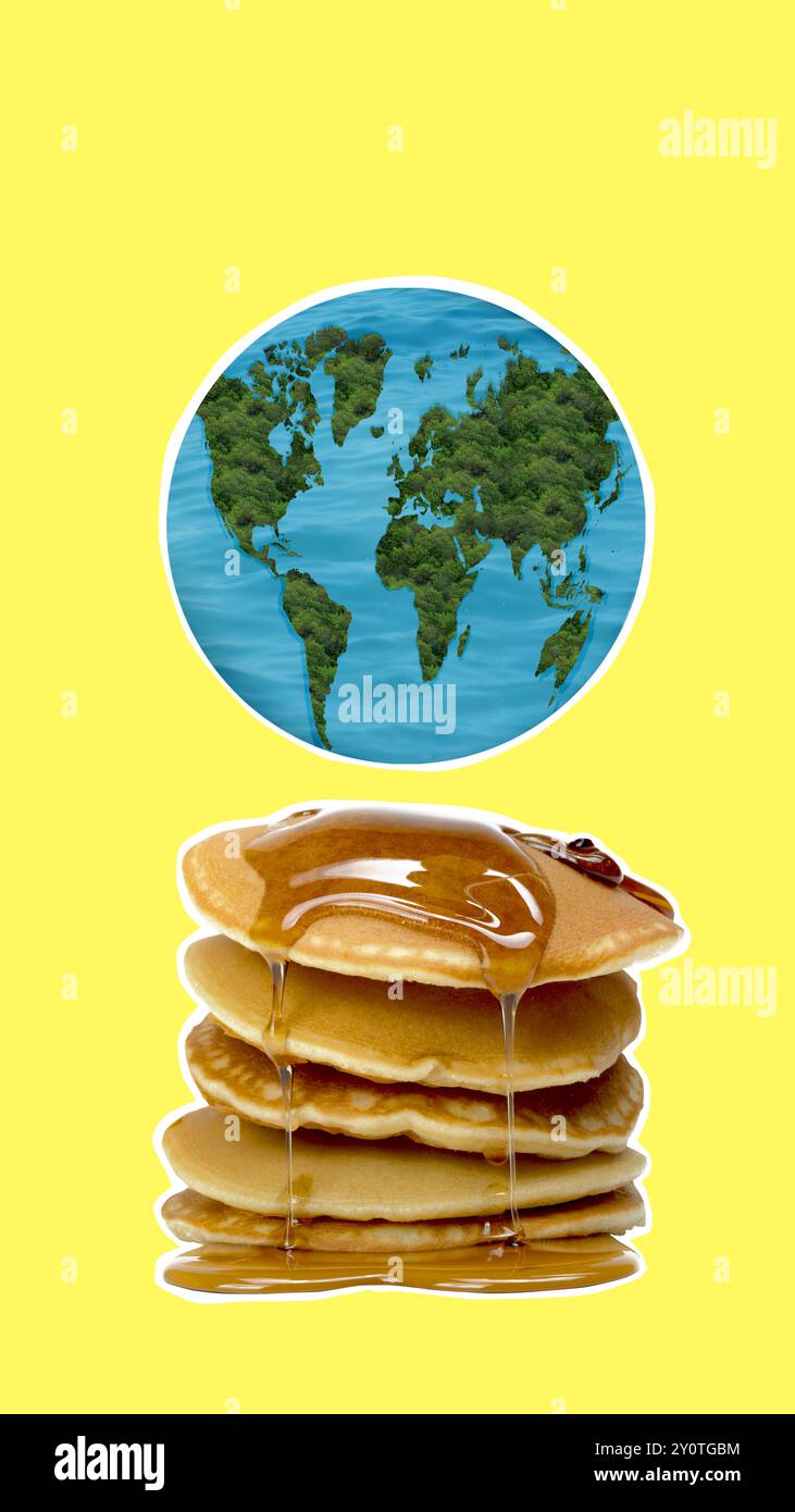 A stack of pancakes with a world map on top. The pancakes are covered ...