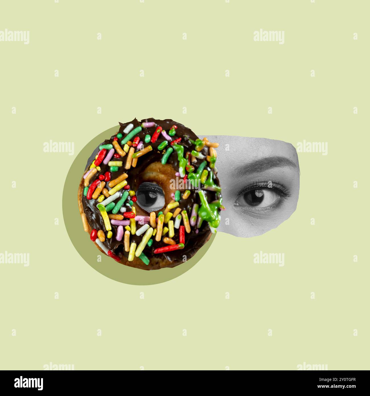 A donut with sprinkles on it is shown with a woman's face behind it ...