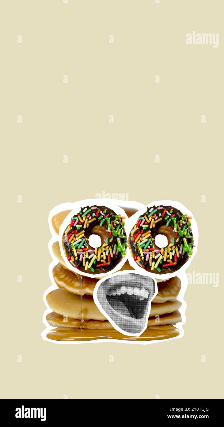 A cartoon of a person made out of donuts. The donuts are stacked on top ...